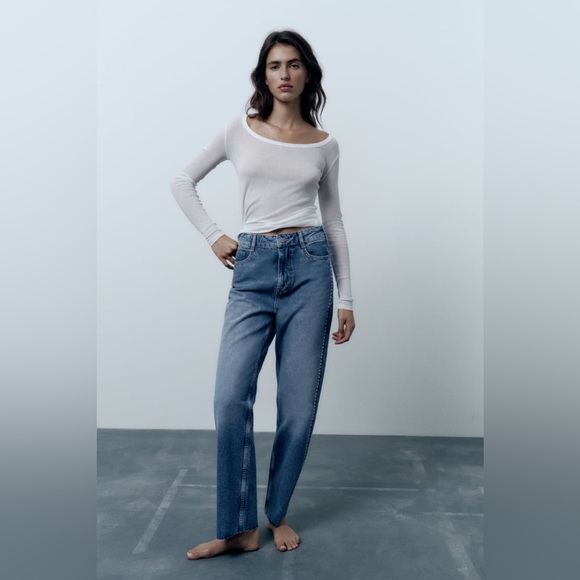 Zara | Jeans | Zara High Rise Z975 Straight Leg Jeans Studded Seams ...